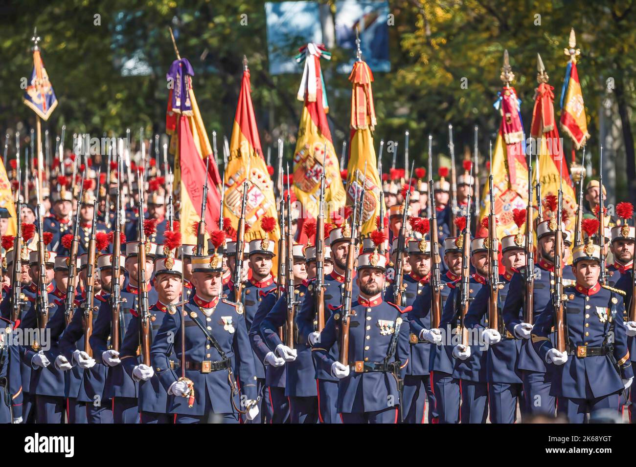 Madrid, Spain. 12th Oct, 2022. Spanish flags carried by infantry ...