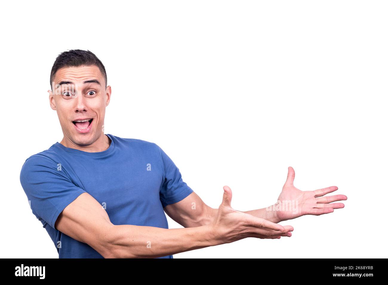 Portrait of a man showing something with hands Stock Photo - Alamy