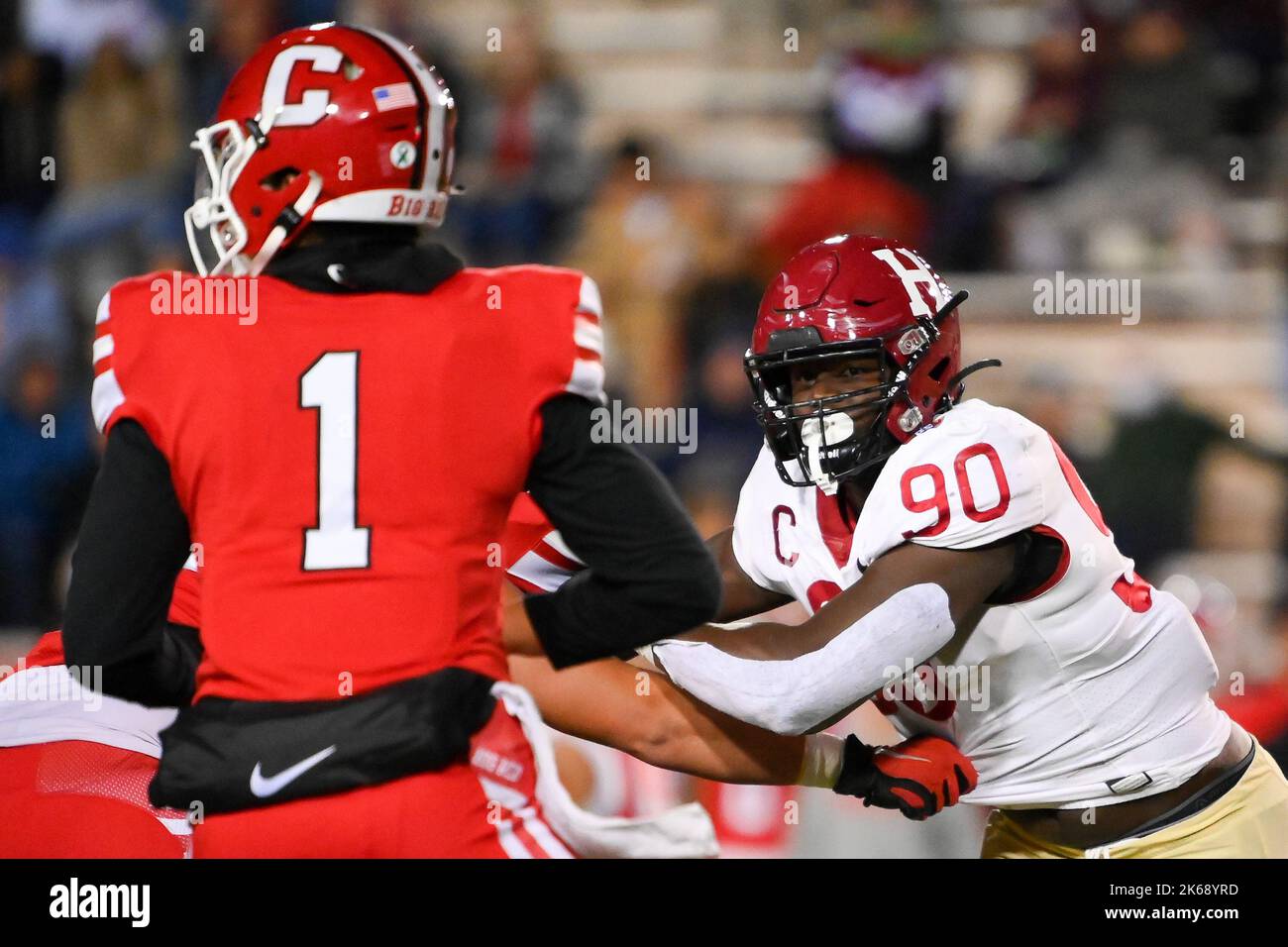 October 7, 2022: Harvard Crimson defensive lineman Truman Jones (90) pressures Cornell Big Red ...