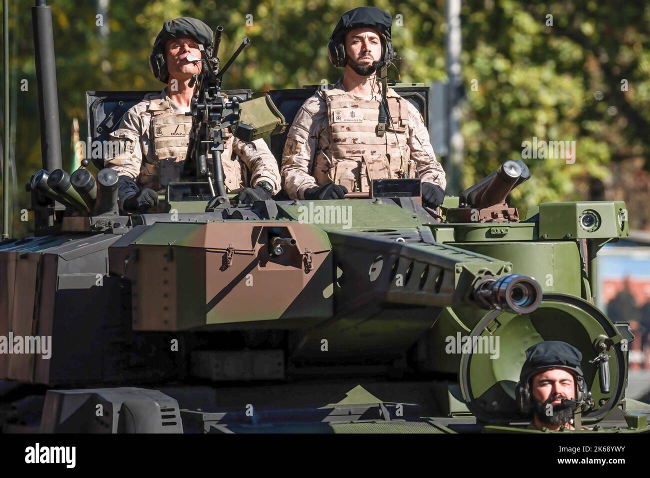 Madrid, Spain. 12th Oct, 2022. Soldiers in a tank of the Spanish army ...