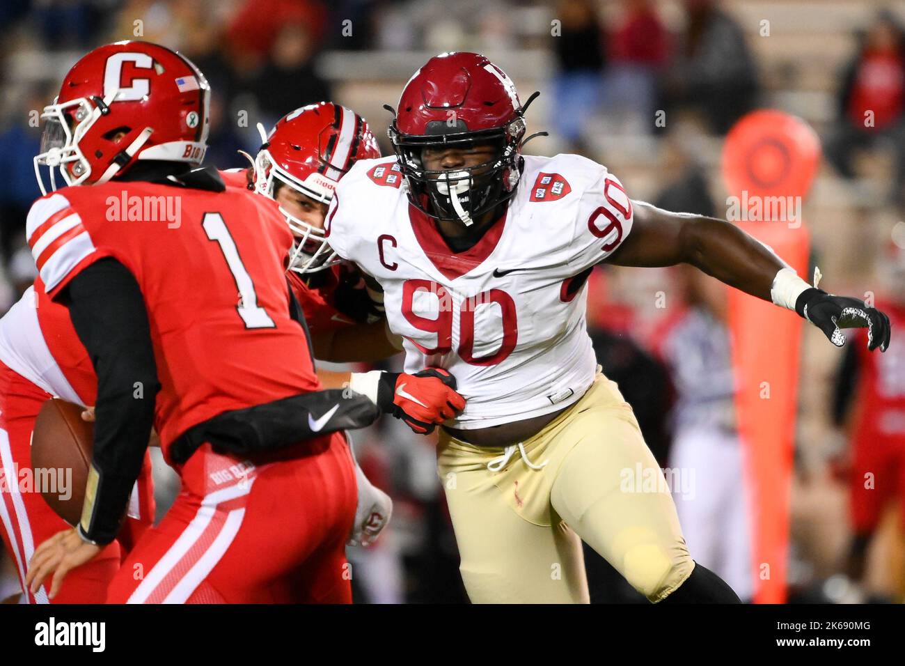 October 7, 2022: Harvard Crimson defensive lineman Truman Jones (90) pressures Cornell Big Red ...