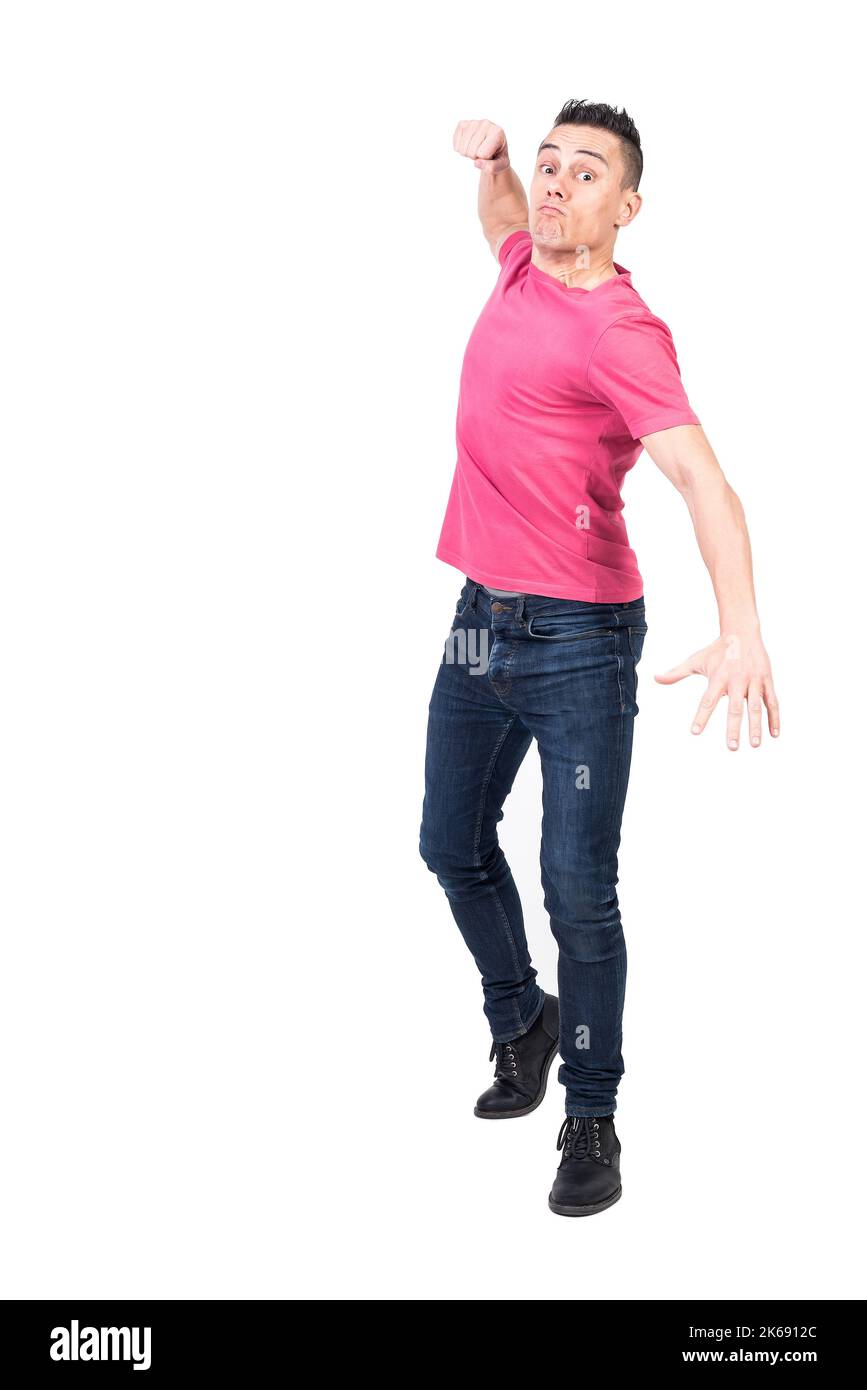 Aggressive man punching camera with fist. White background Stock Photo ...