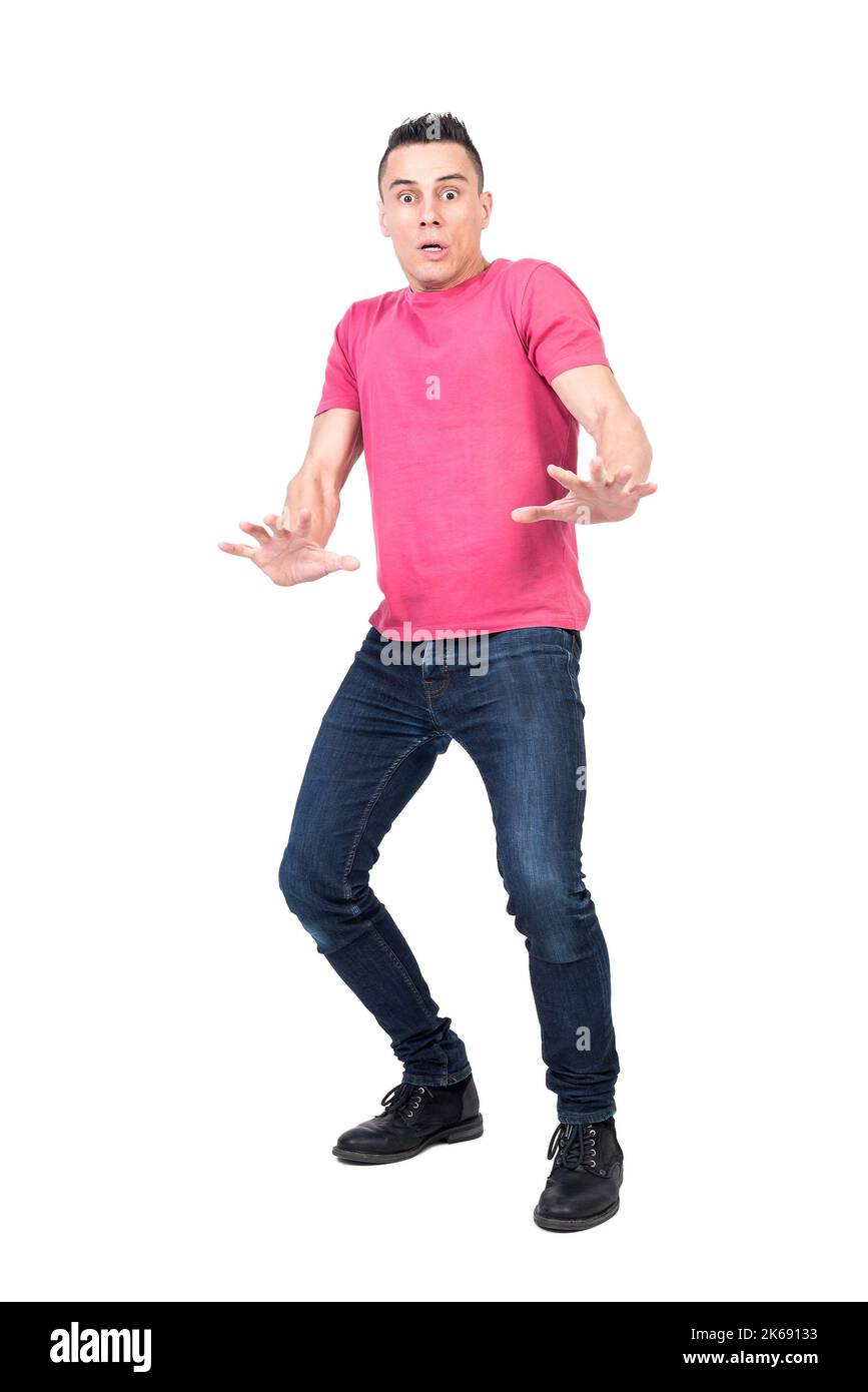 Afraid man evading from danger. White background Stock Photo - Alamy