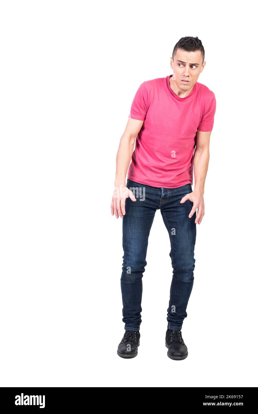 Scared man looking away with caution. White background Stock Photo - Alamy