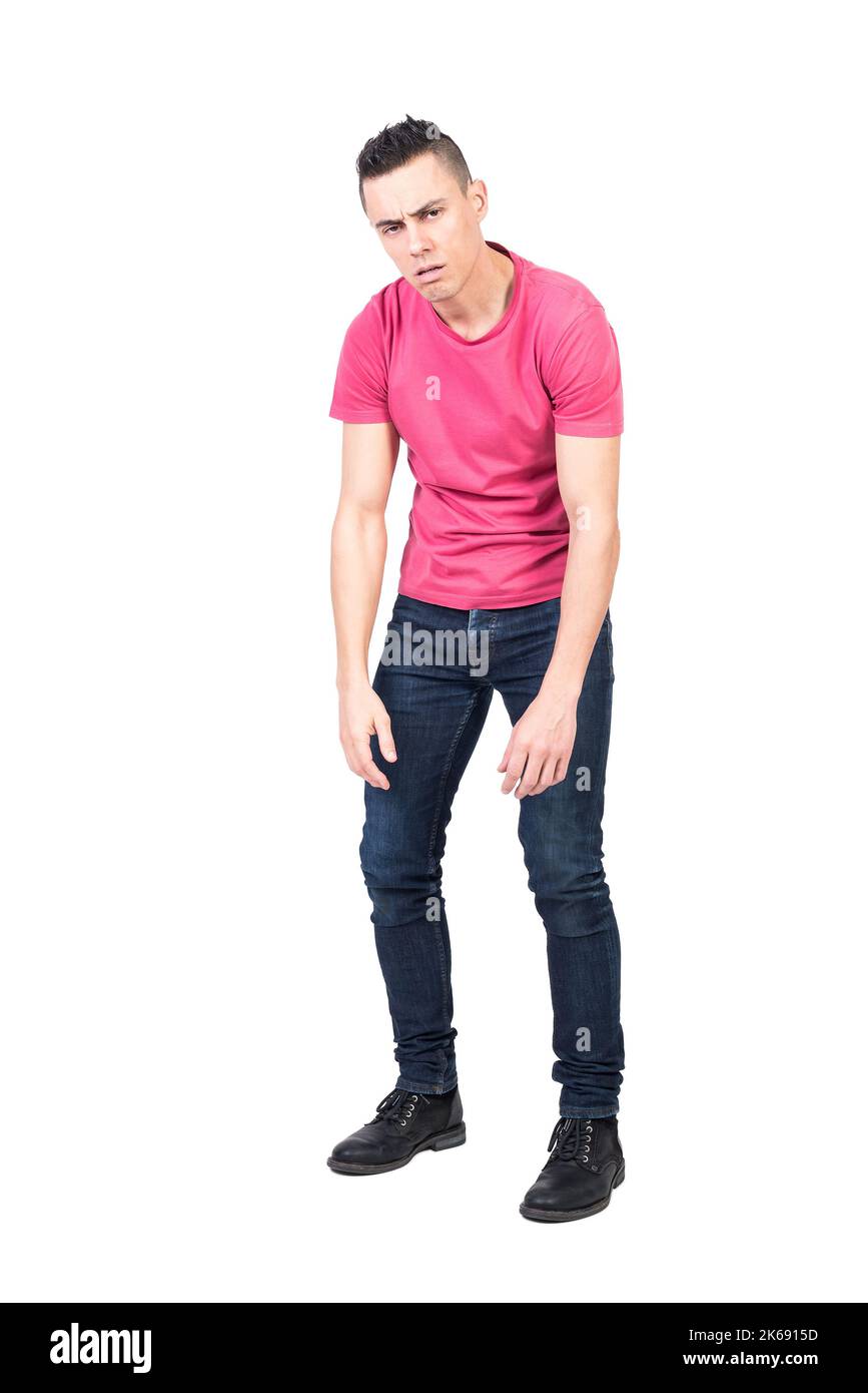 Exhausted man looking at camera. White background Stock Photo - Alamy