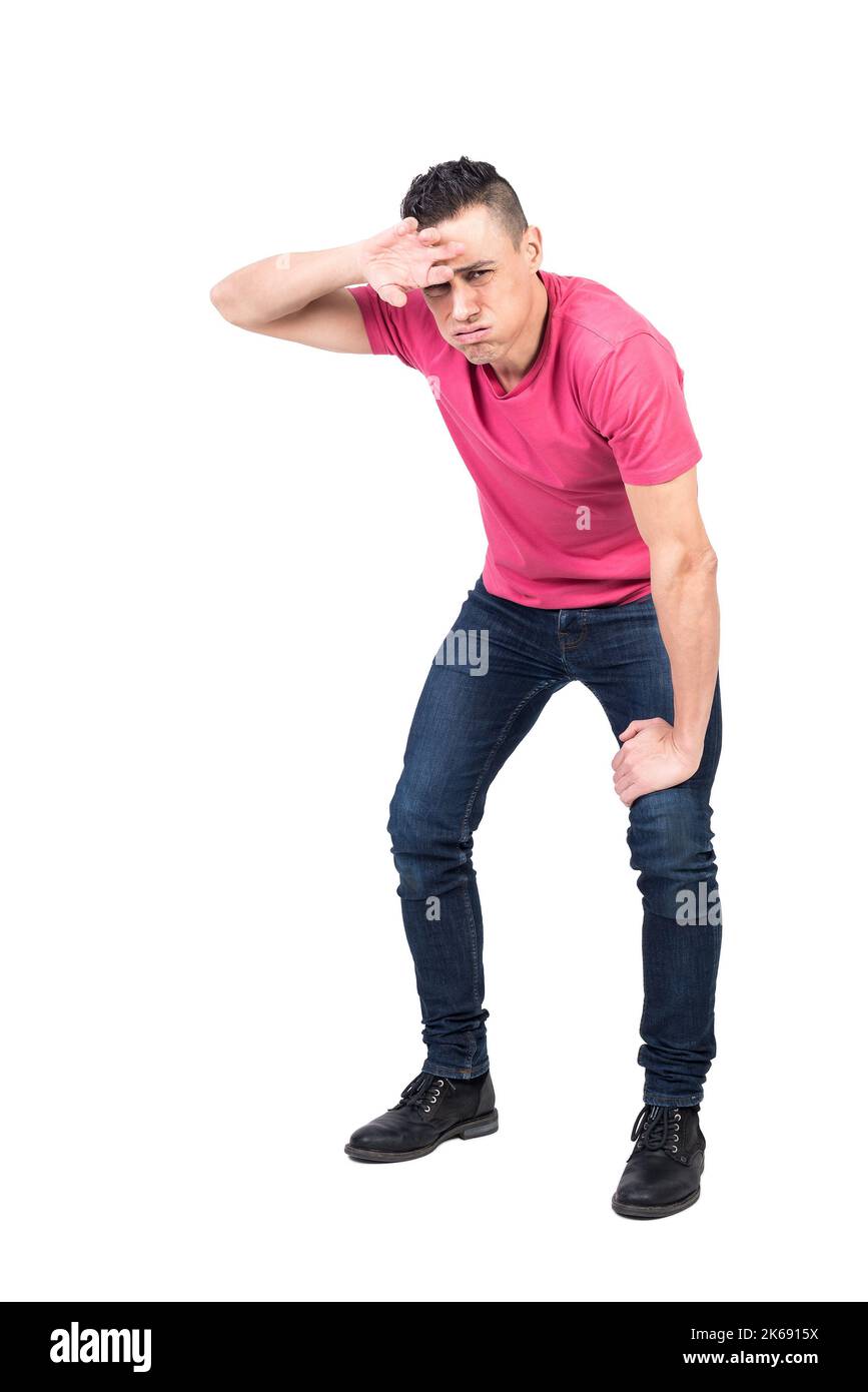 Tired male wiping sweat from forehead. White background Stock Photo - Alamy