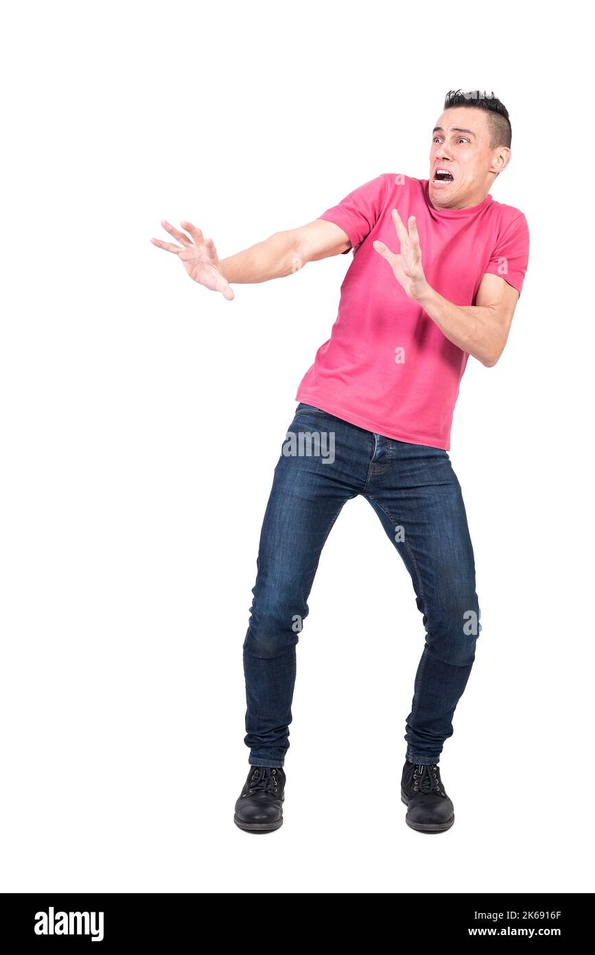 Scared man screaming in panic. White background Stock Photo - Alamy