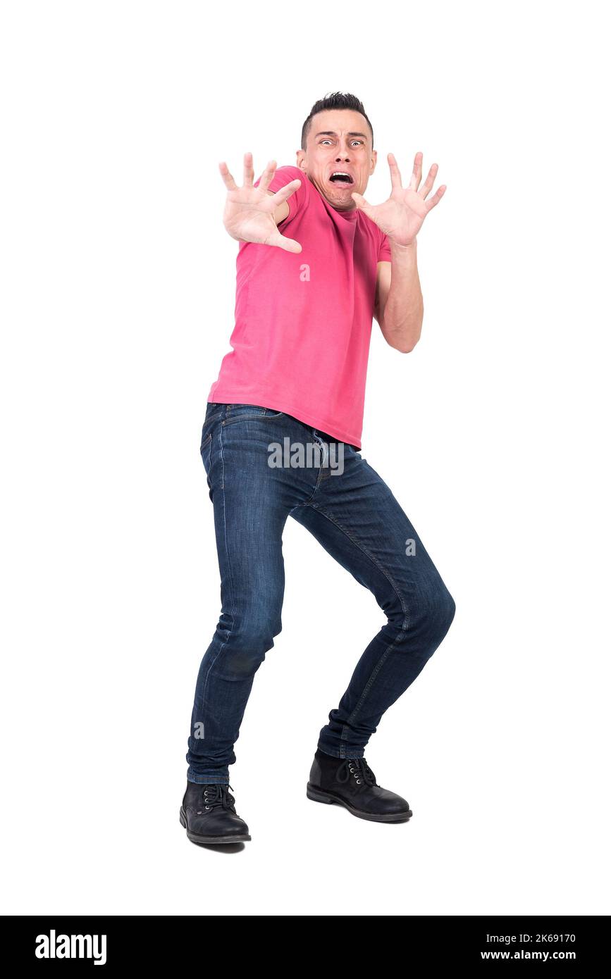 Horrified man screaming and protecting from danger Stock Photo - Alamy