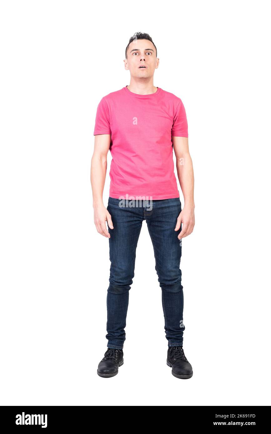 Shocked man looking at camera. White background Stock Photo - Alamy