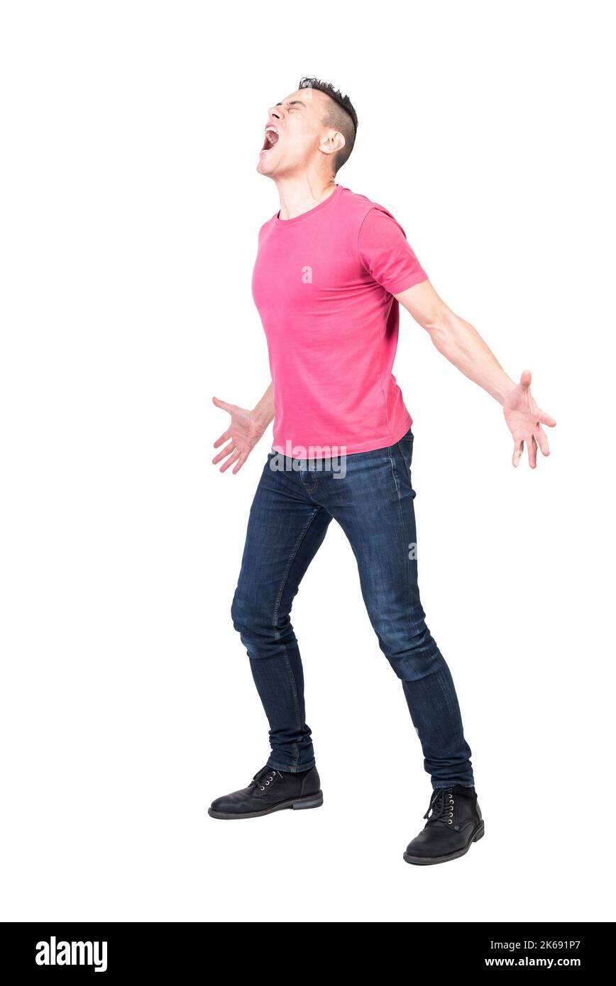 Furious male screaming with closed eyes isolated on white background ...