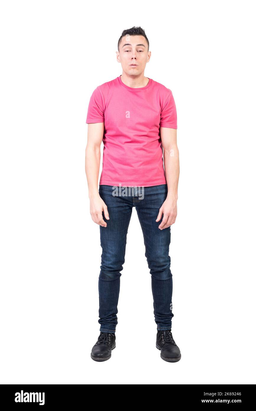 Tired half asleep man in studio. White background Stock Photo - Alamy