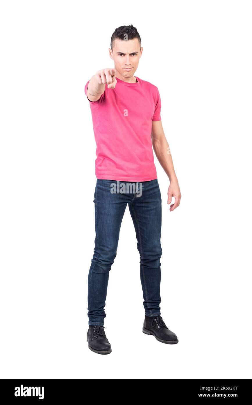 Serious man pointing to camera. White background Stock Photo - Alamy