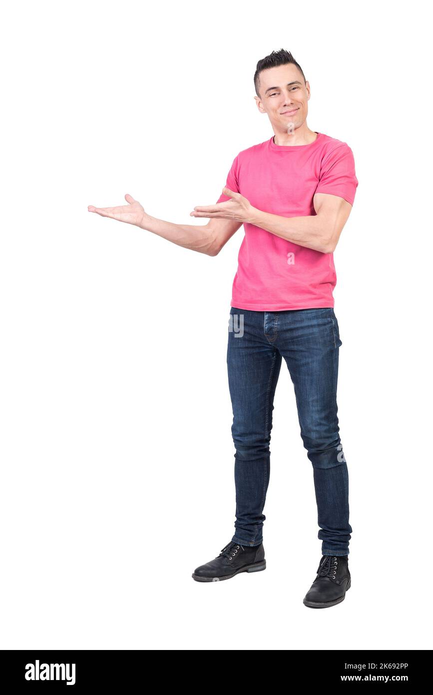 Positive young man pointing aside. White background Stock Photo - Alamy