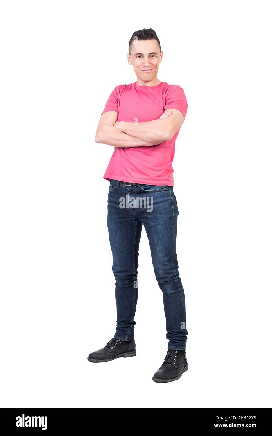 Content man with crossed arms. White background Stock Photo - Alamy
