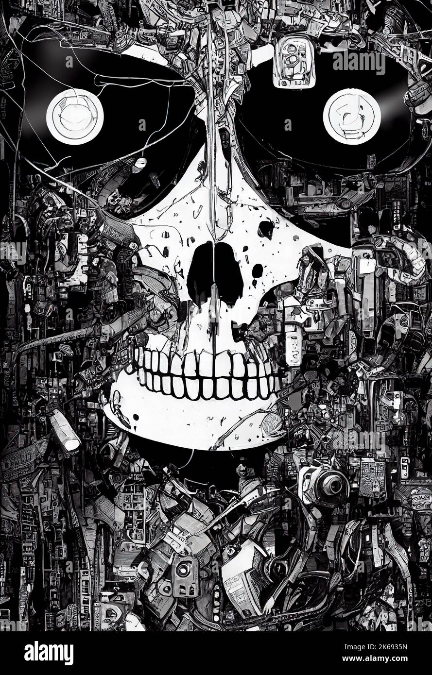 mechanical, frankenstein, monster face with lost look and skull in ...