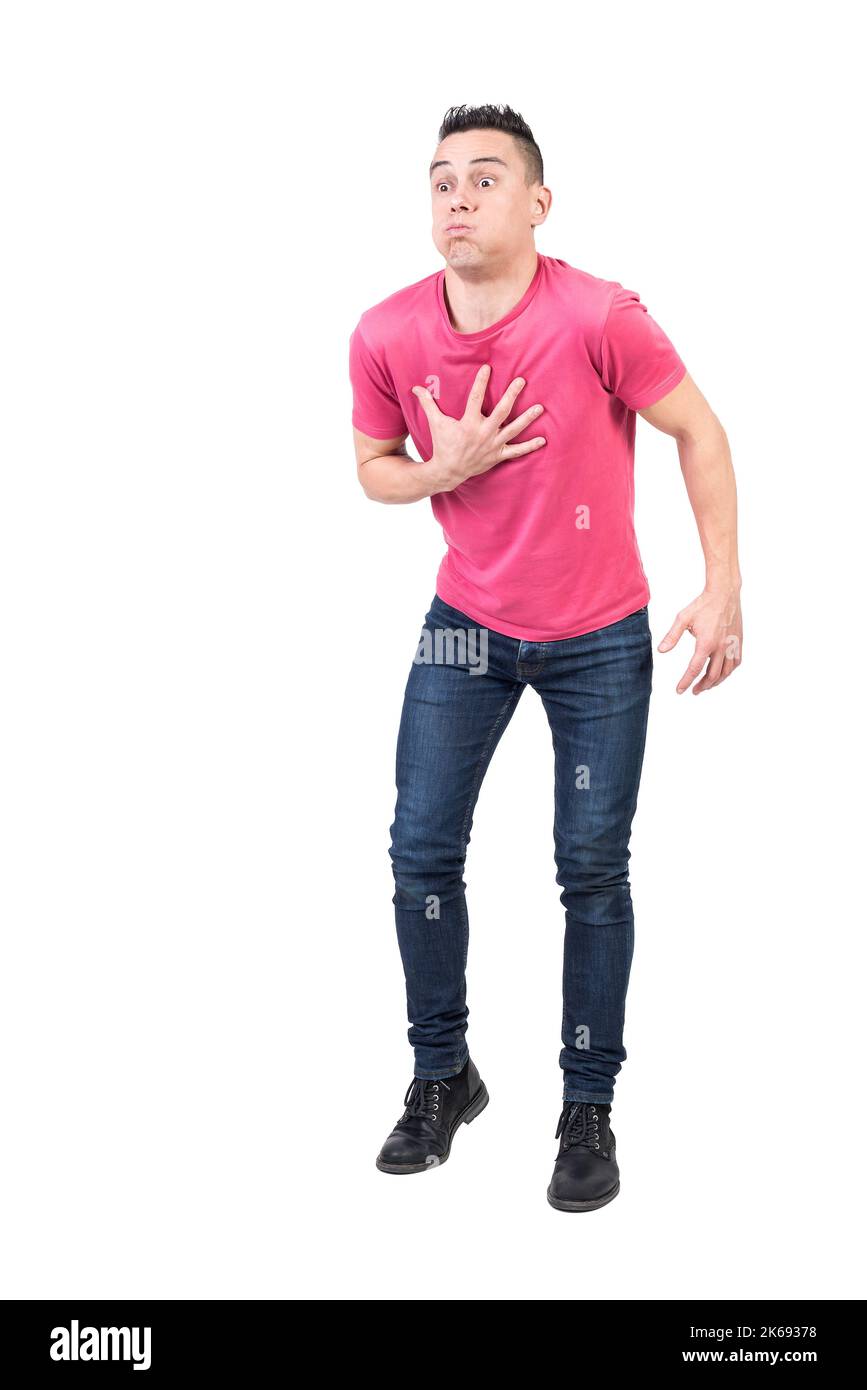 Man feeling sick and nauseous. White background Stock Photo - Alamy