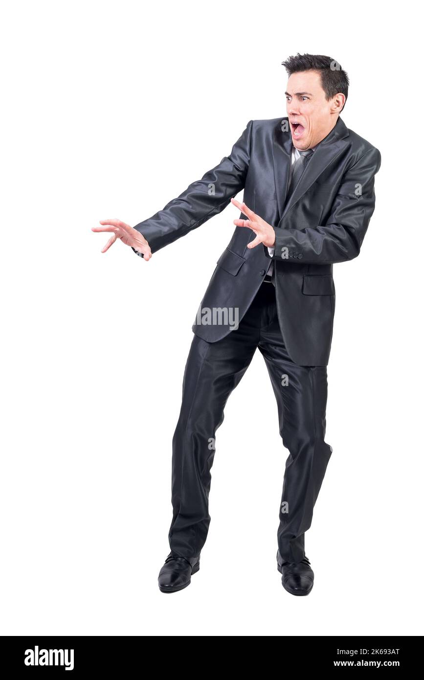 Fearful man in elegant suit. White background Stock Photo - Alamy