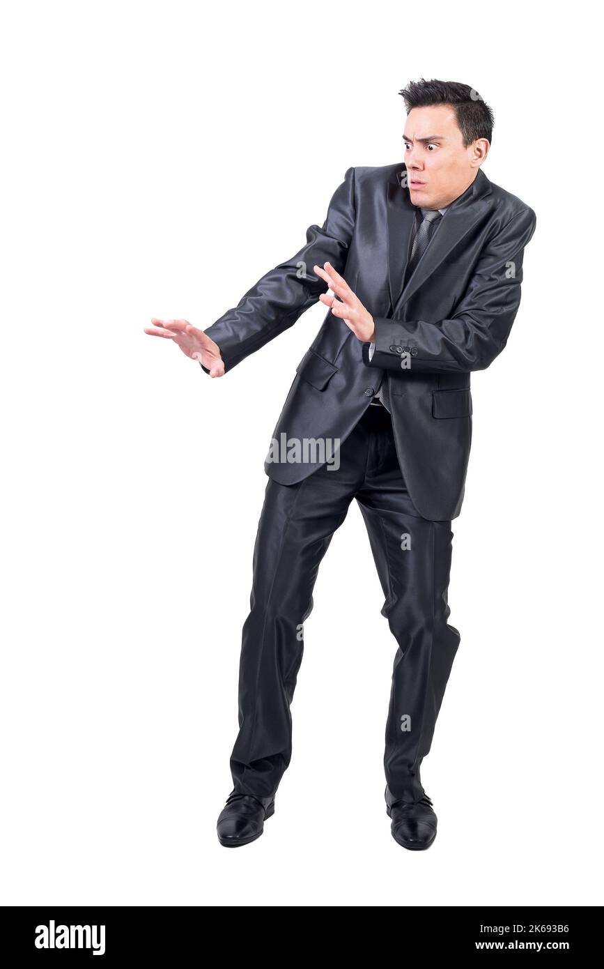 Scared man in elegant suit. White background Stock Photo - Alamy