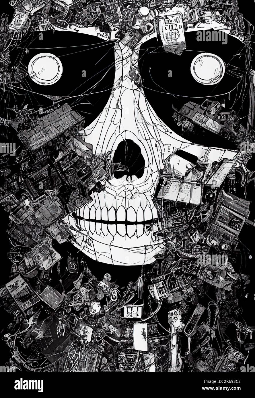 frankenstein, monster face with lost look and skull in pieces ...