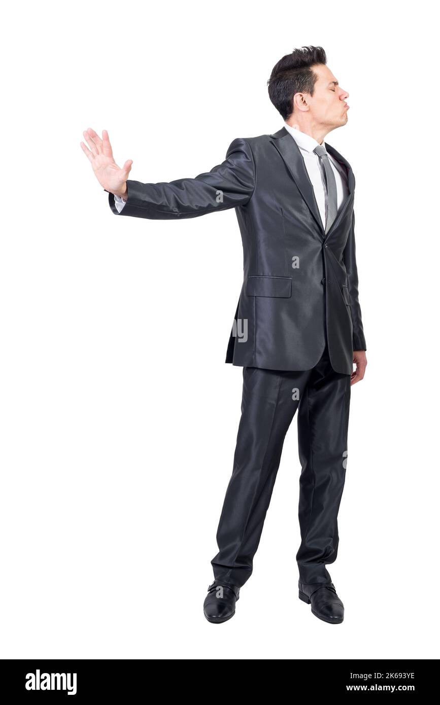 Hilarious dissatisfied businessman showing stop sign. White background ...