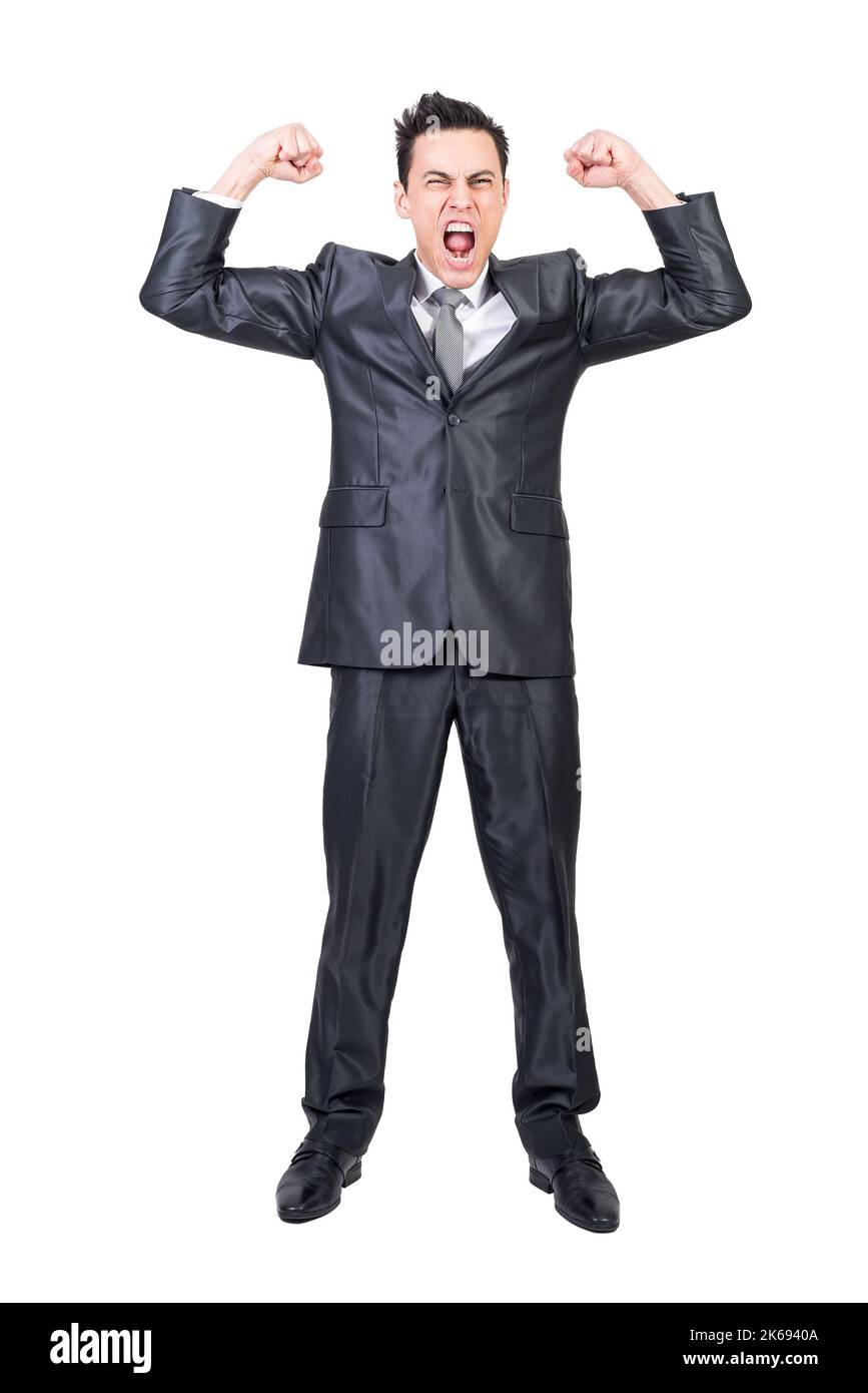 Funny businessman showing power and screaming. White background Stock ...