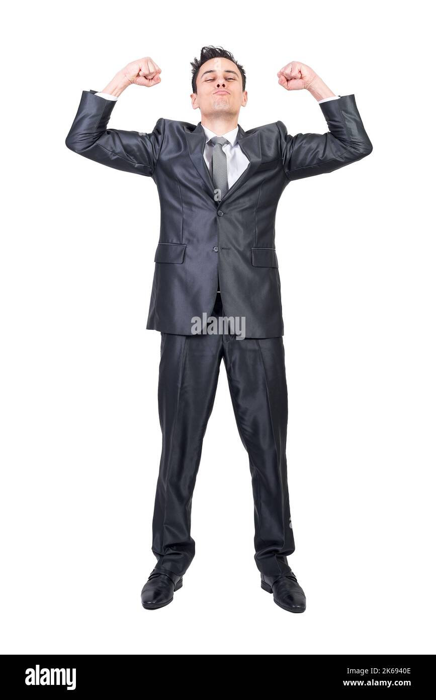 Cheerful businessman showing strength in studio. White background Stock ...