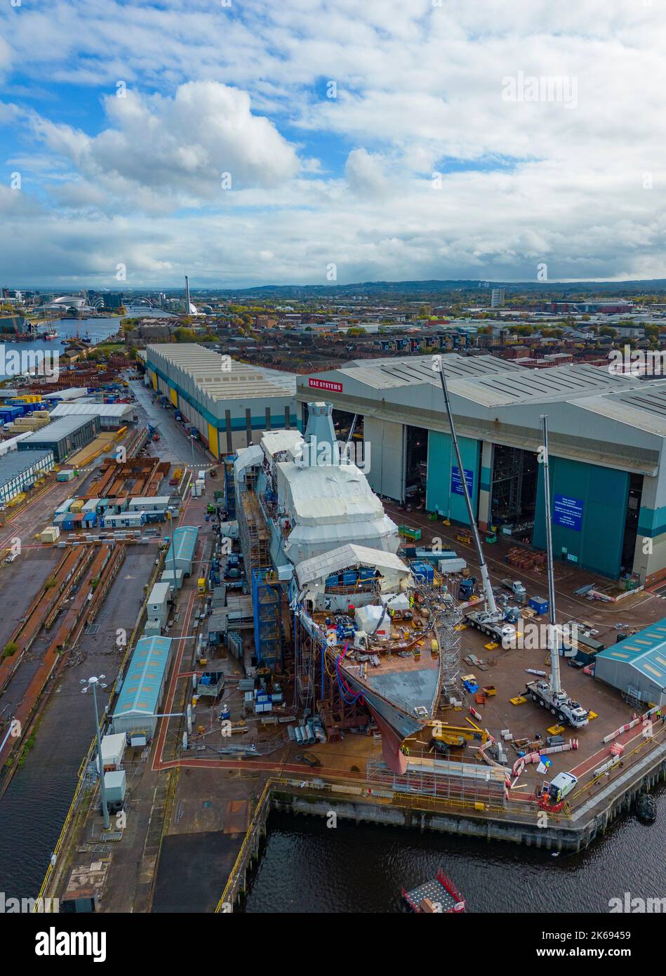 Aerial view of HMS Glasgow Type 26 anti-submarine warship being built ...