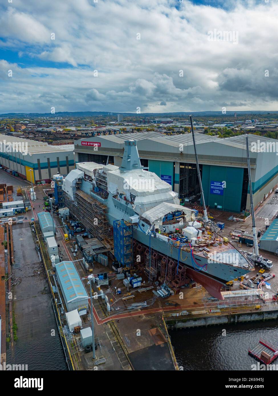 Aerial view of HMS Glasgow Type 26 anti-submarine warship being built ...