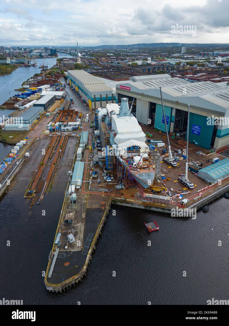 Aerial view of HMS Glasgow Type 26 anti-submarine warship being built ...