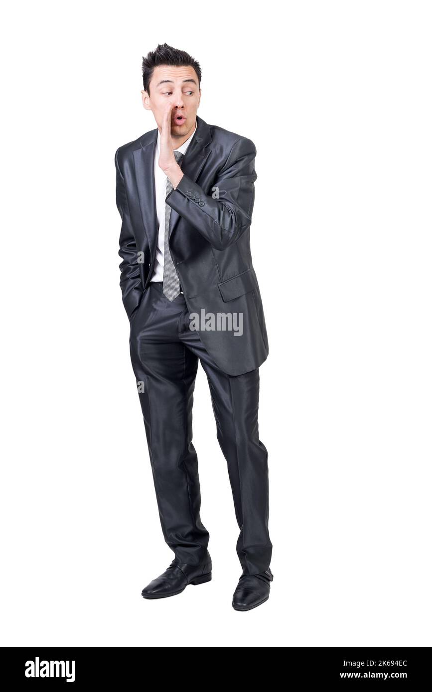 Businessman telling secret in studio. White background Stock Photo - Alamy
