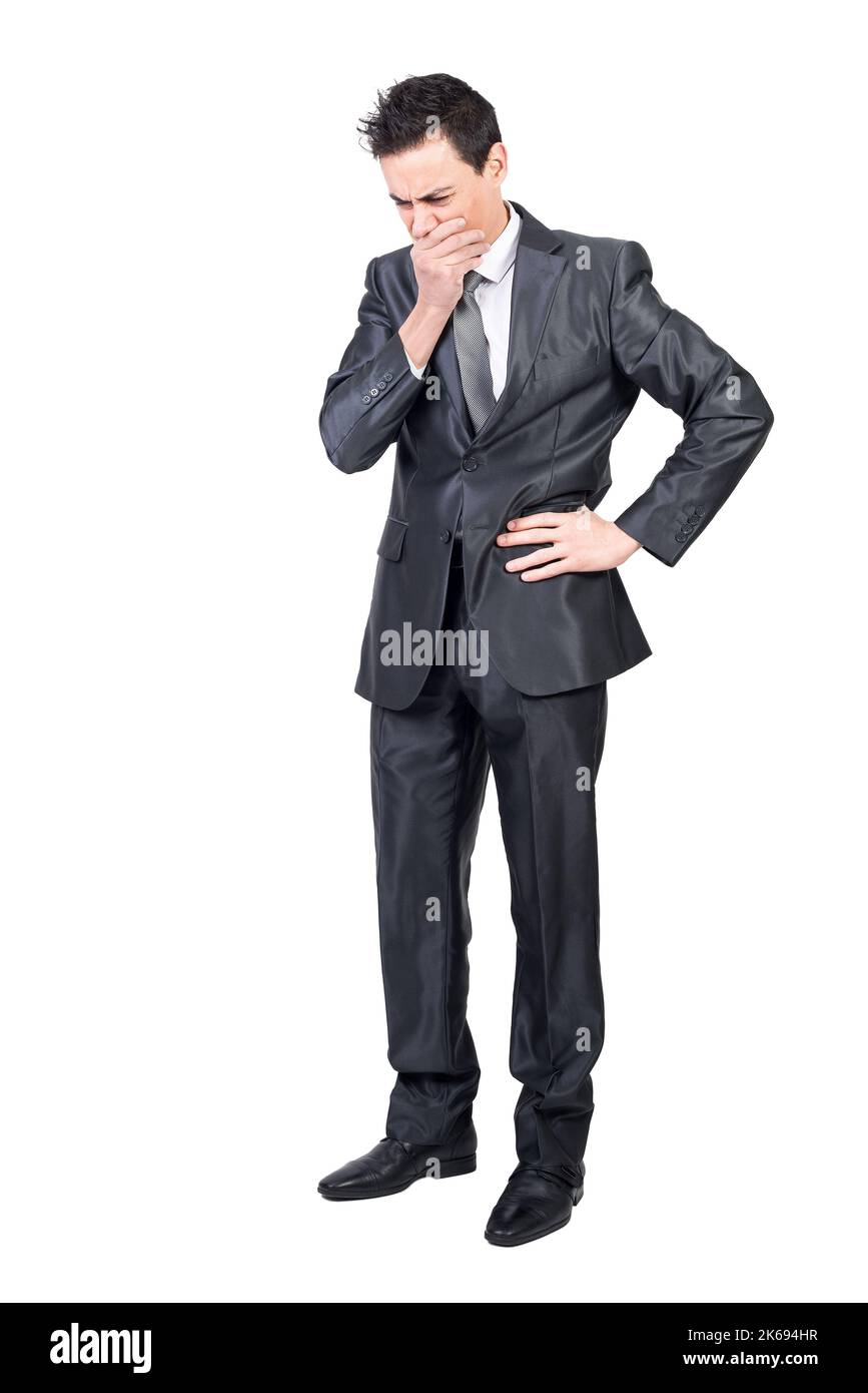 Puzzled businessman in suit thinking on problem. White background Stock ...