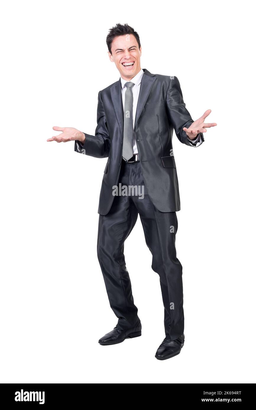 Cheerful man laughing on humorous joke. White background Stock Photo ...