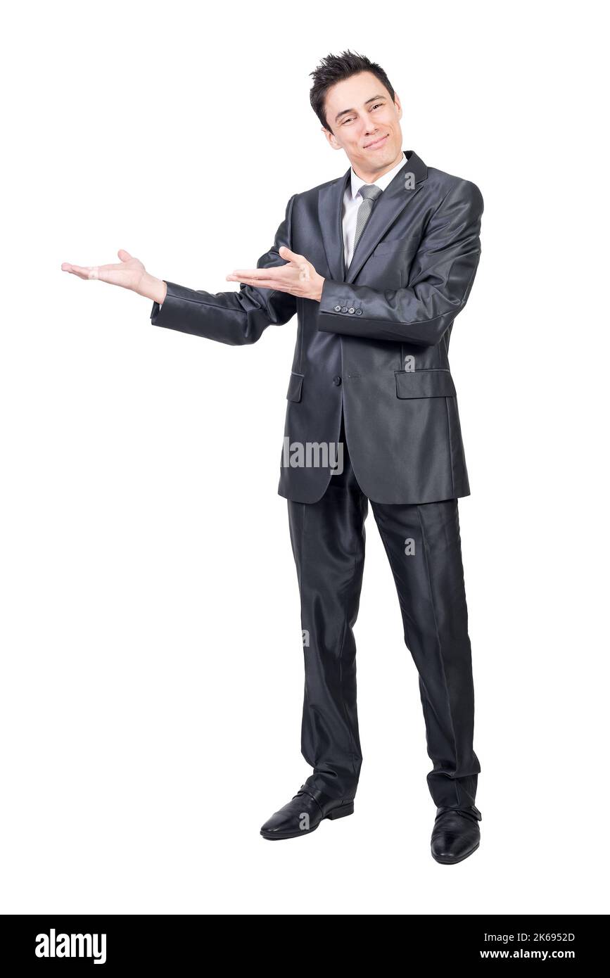 Optimistic man in suit pointing aside. White background Stock Photo - Alamy