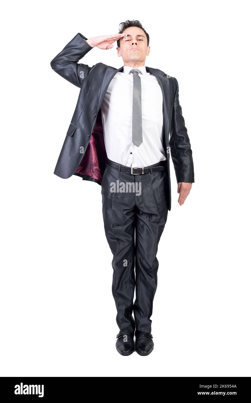 Serious man saluting in studio. White background Stock Photo - Alamy