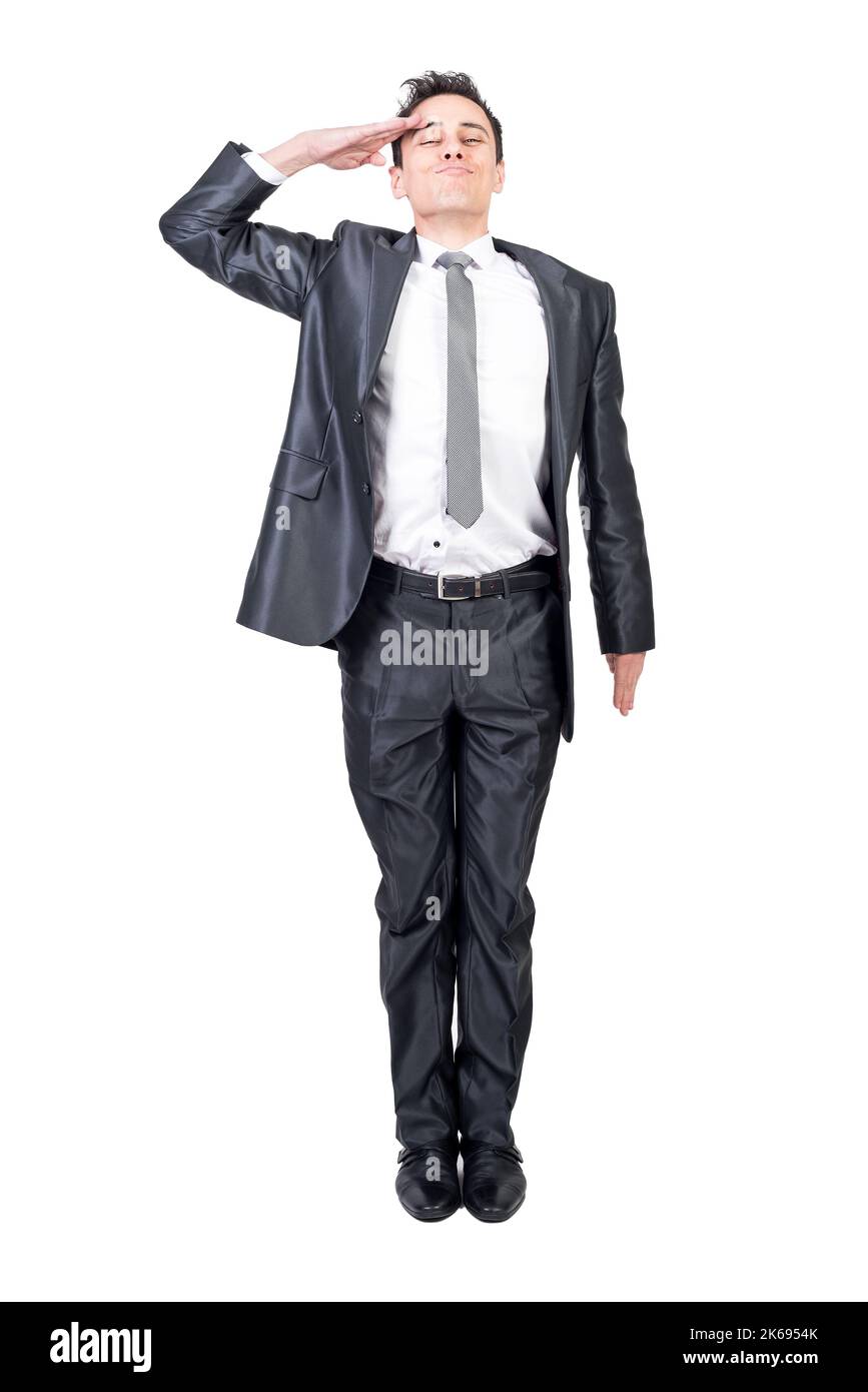 Content man saluting in studio. White background Stock Photo - Alamy
