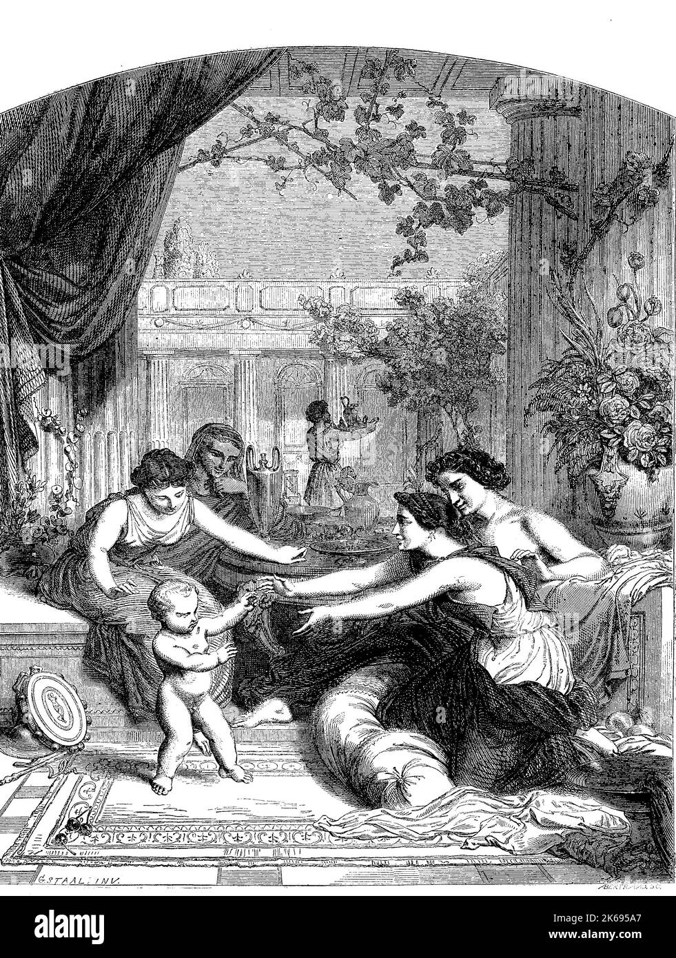 Digital improved reproduction, scene from Pompeii, several women and a ...