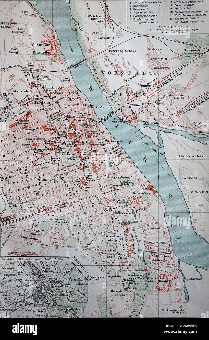 Digital improved reproduction, City map of Warsaw, Poland, from 1885 ...