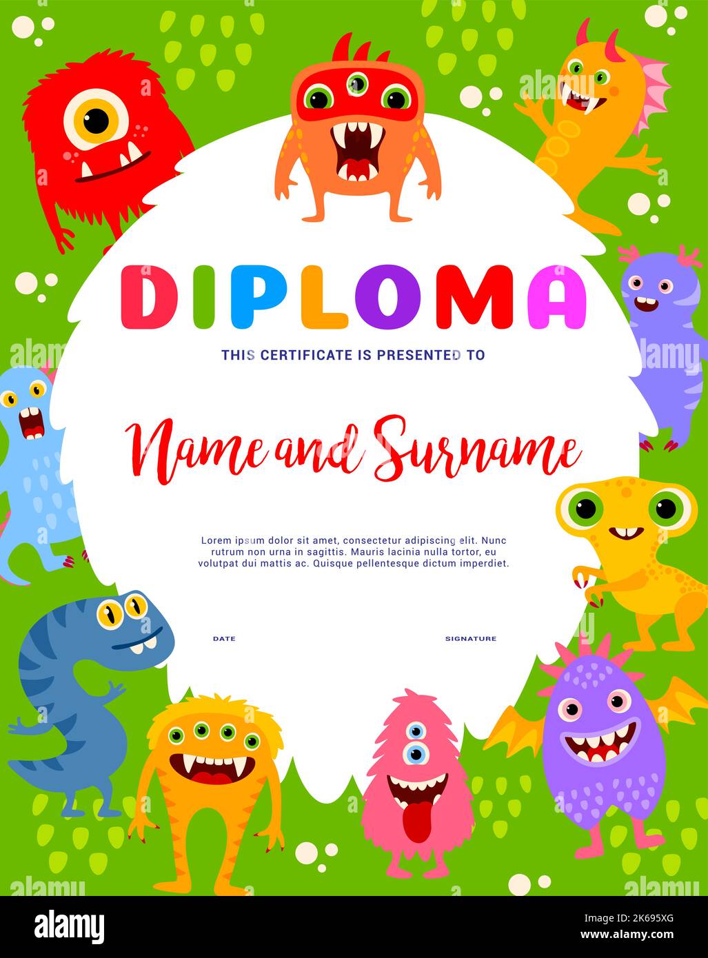 Kids diploma cartoon monster characters. Vector education or graduation ...