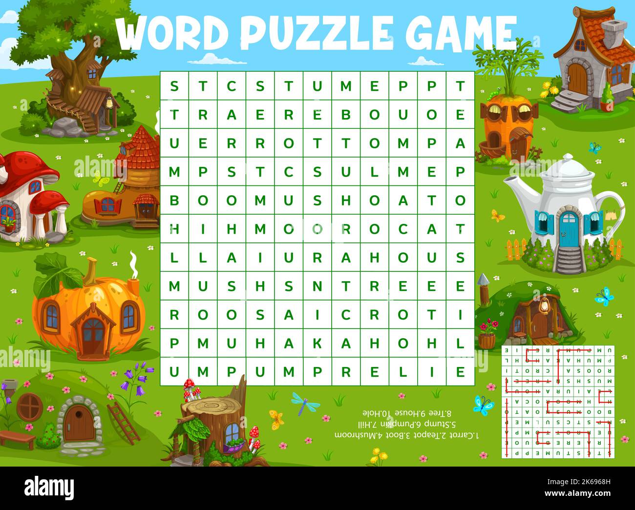 Cartoon fairy dwellings and gnome houses word search puzzle game vector ...
