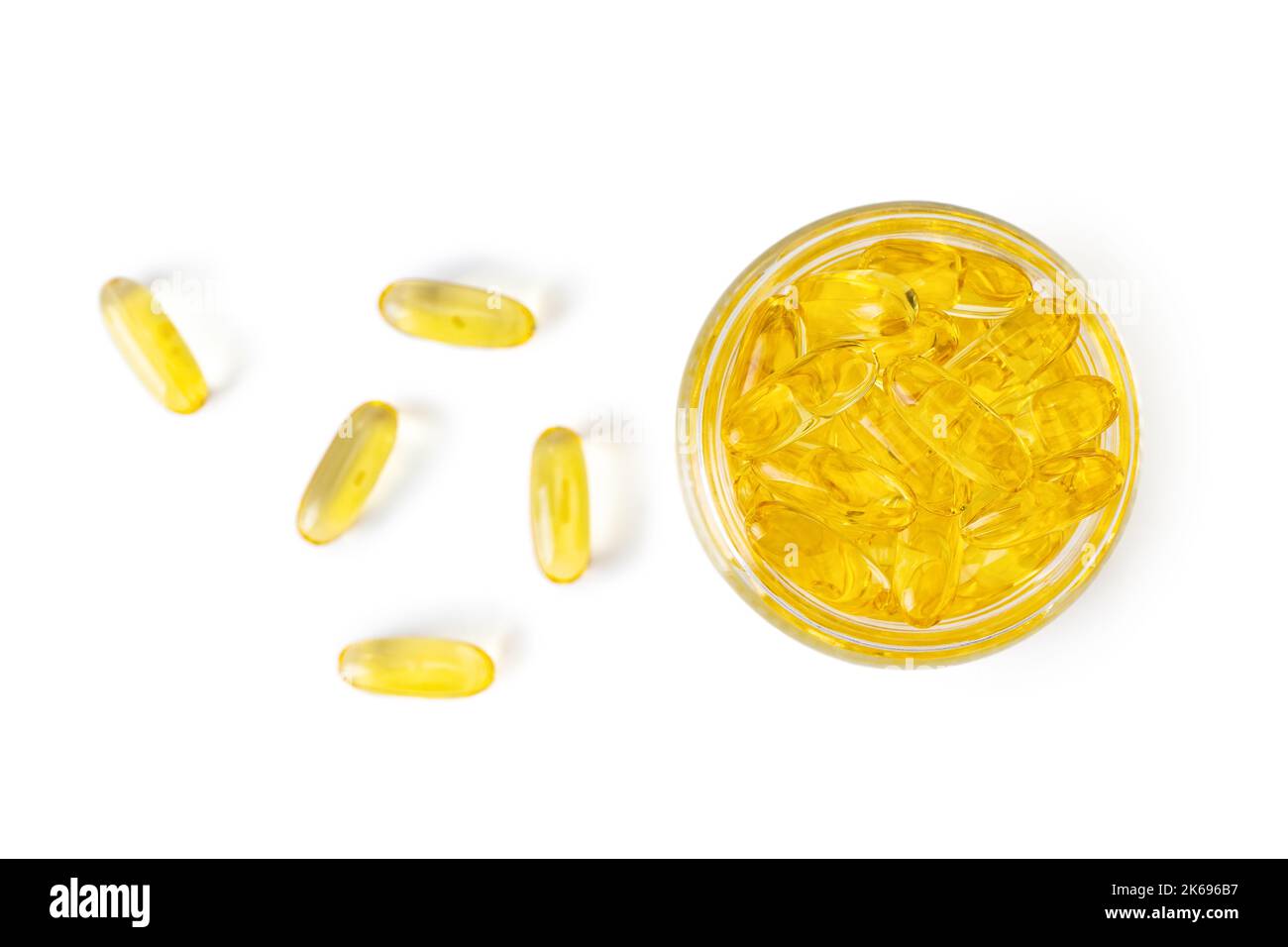 Omega 3 capsules in glass bottle isolated on white background. Softgels ...