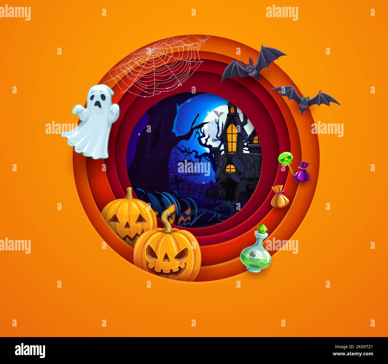 Halloween paper cut banner. Cartoon ghost, castle, candies and pumpkin ...