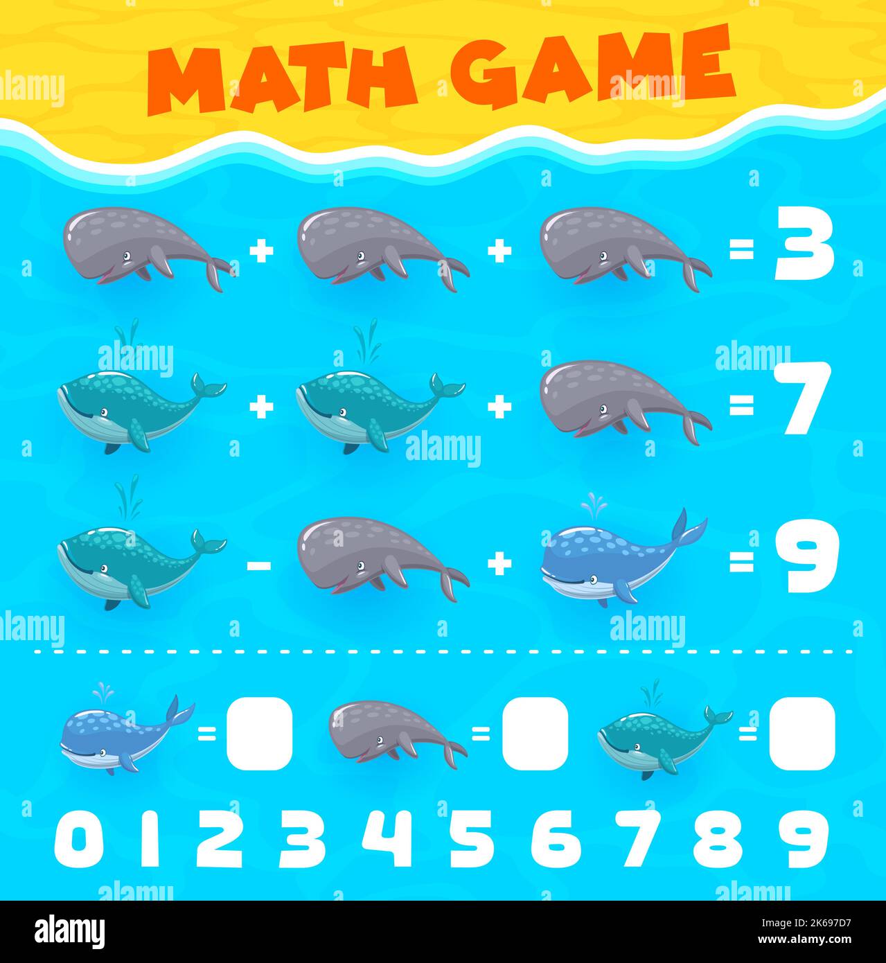 Math game worksheet. Cartoon whale and sperm whale characters. Kids ...