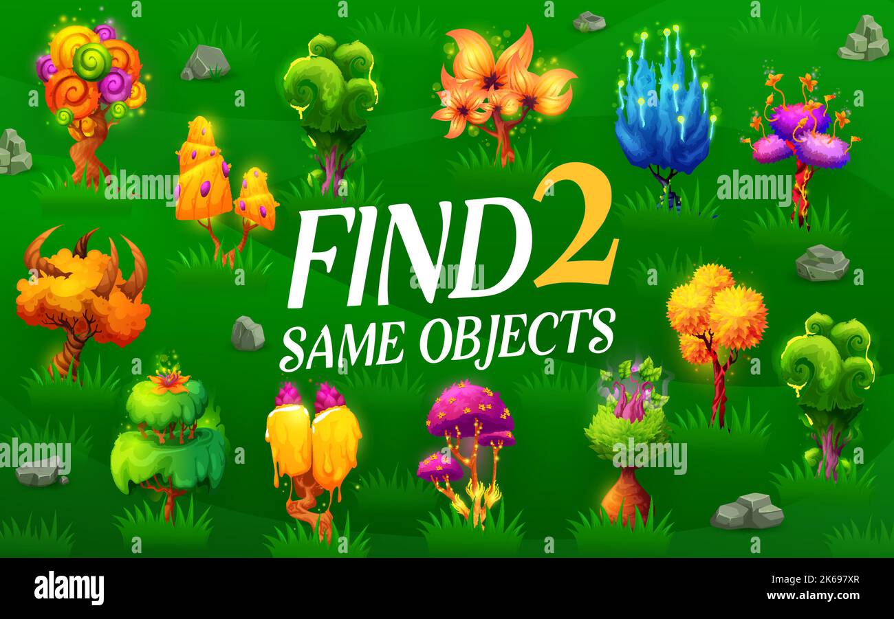 Find two same fantasy magic trees kids game worksheet. Cartoon vector ...