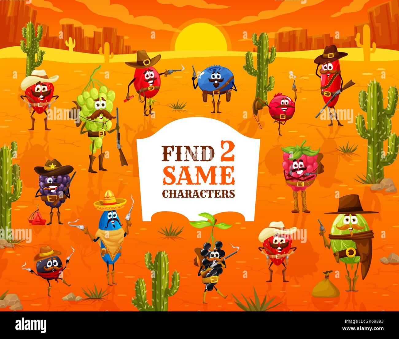 Find two same cartoon Wild West ranger, cowboy and bandit berry ...