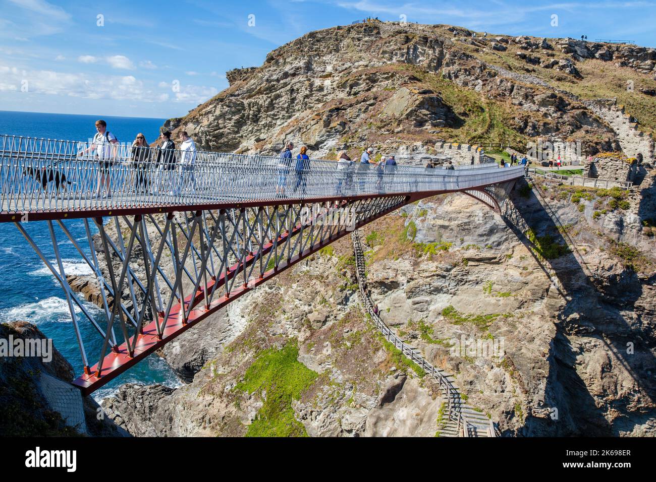 Tintagel castle bridge and ruins on the north Cornish coast, Cornwall ...