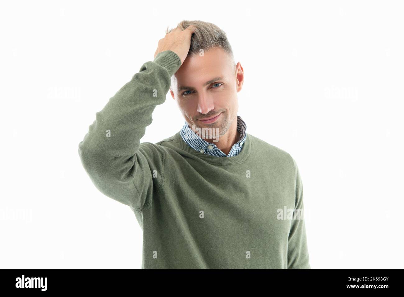 studio shot face of grizzled man smile. mature grizzled man portrait ...