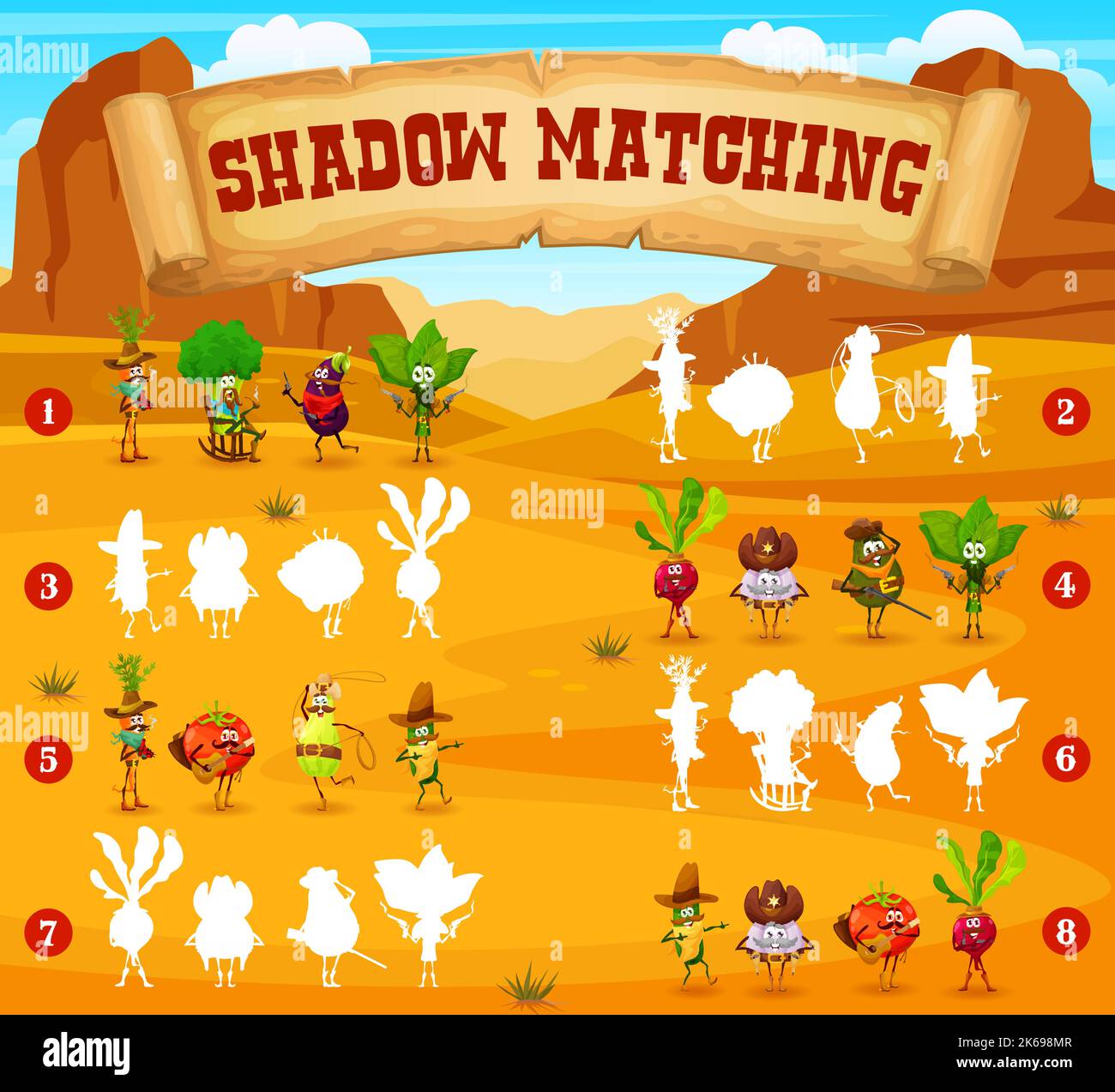 Shadow matching game. Cartoon vegetable sheriff, cowboy, bandit and ...