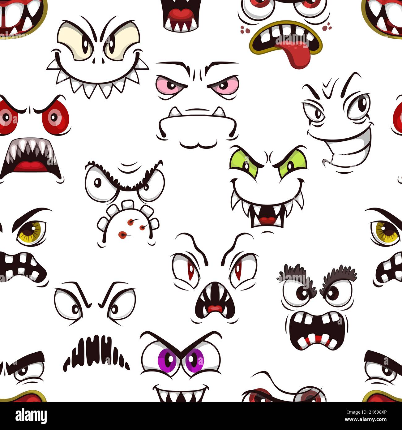 Cartoon eerie and angry monster faces seamless pattern. Vector ...