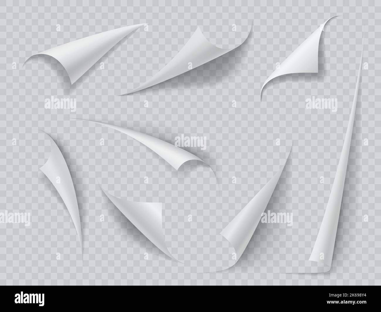 Curly paper page corners. Magazine or book page curly peels, document ...