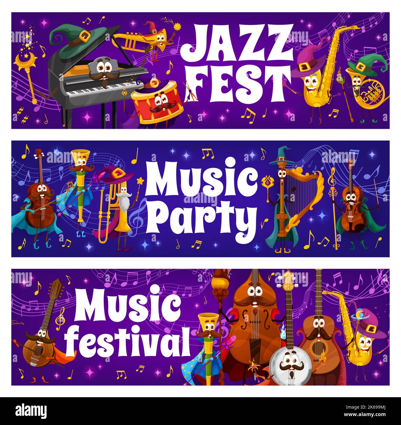 Music party, jazz festival banners with wizard musical instrument ...